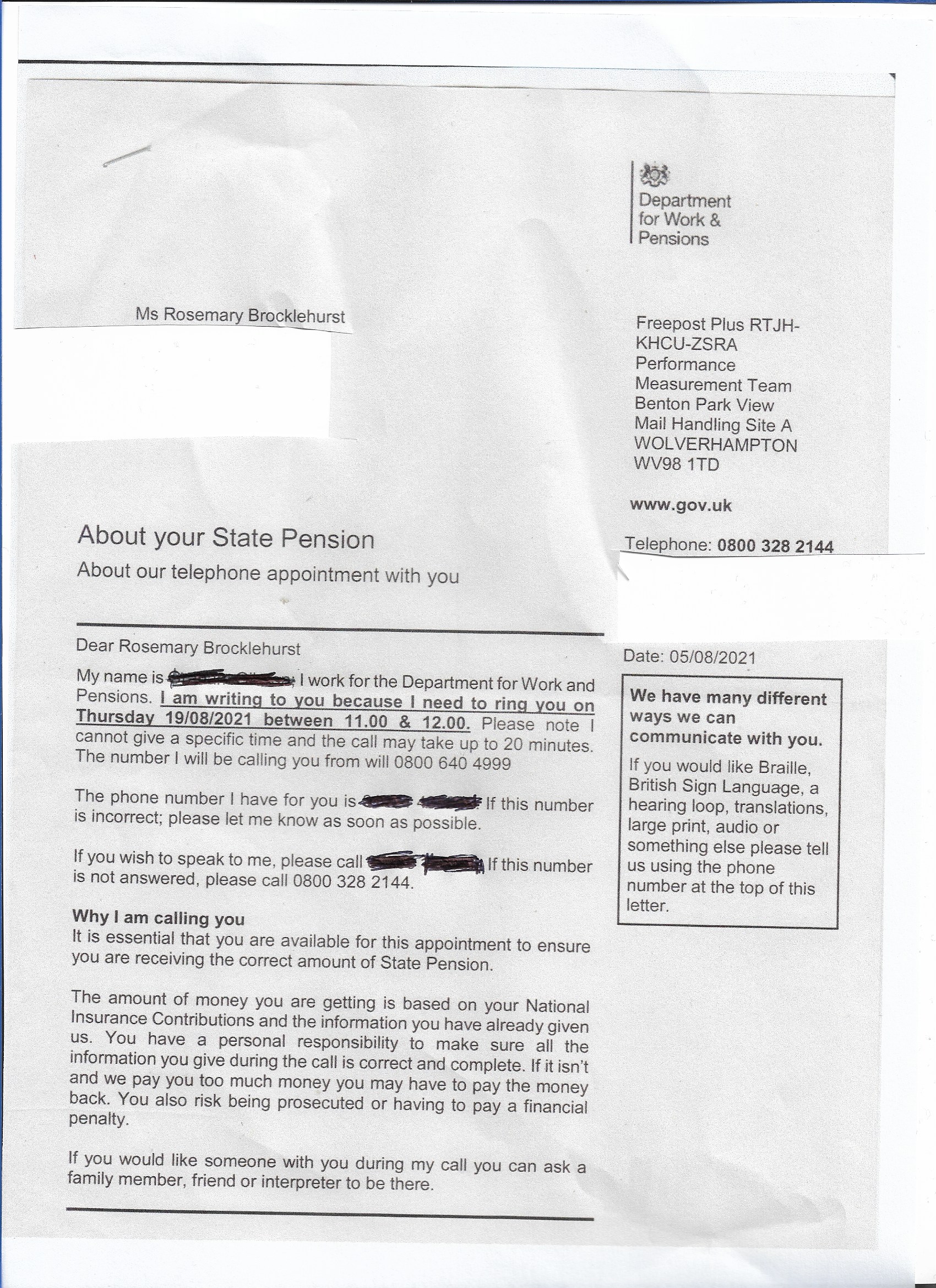 Exclusive: “Frightening” DWP letter to pensioners: Report for telephone ...